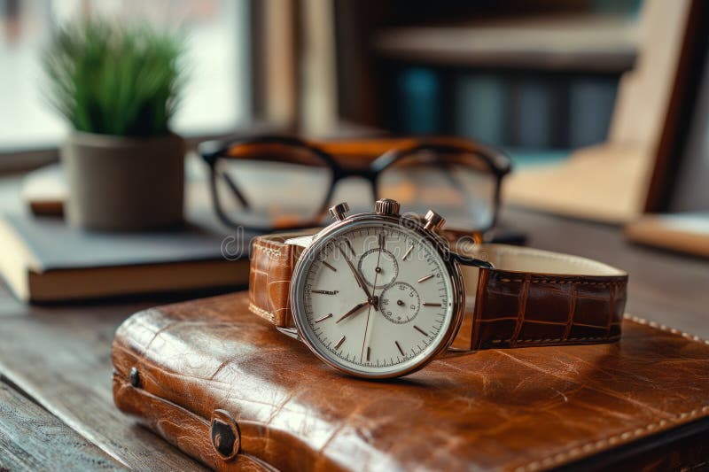 Elegant Chronograph Watch Featuring a Brown Leather Strap, Showcasing ...