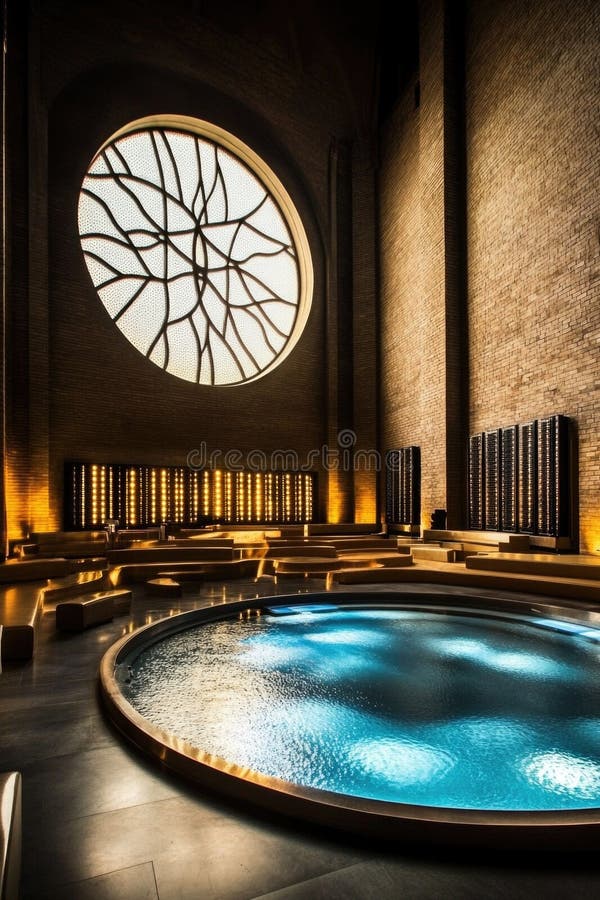 Elegant Circular Indoor Pool with Stained Glass Window in Luxurious ...