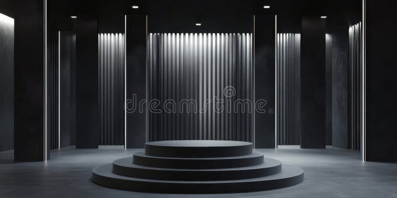 Elegant Circular Podium in Modern Dark Interior with Vertical Light ...