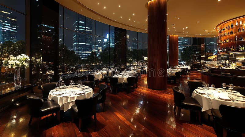 Elegant City Restaurant Night View Dining Tables Stock Image - Image of ...
