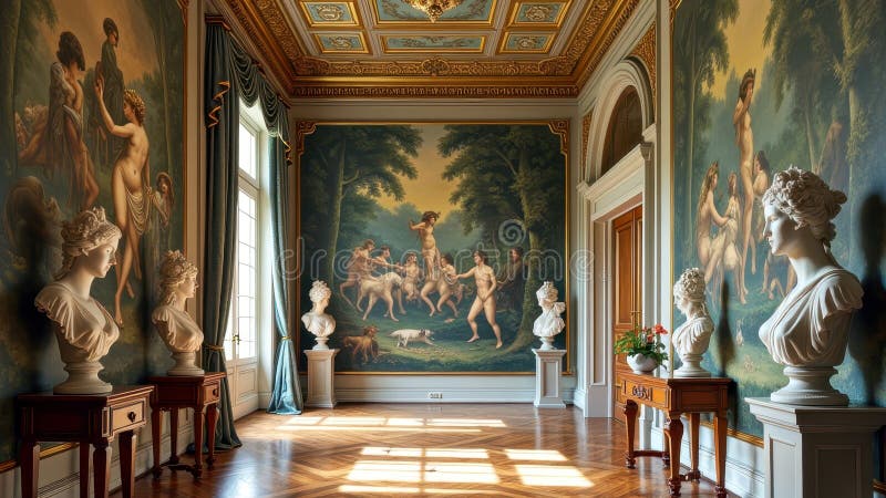 Elegant Classical Art Gallery with Busts and Mythological Murals in ...
