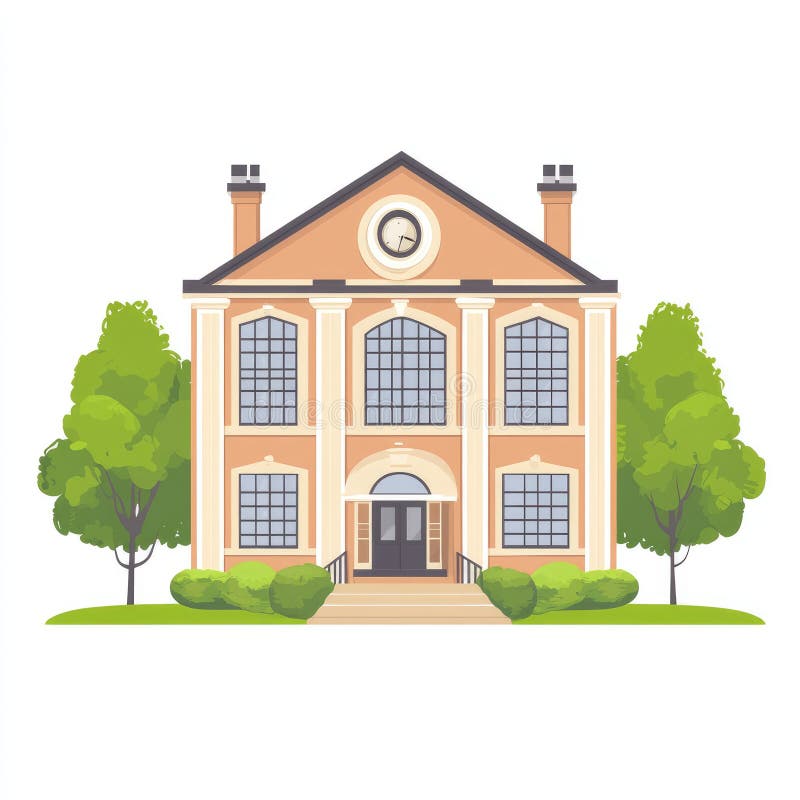 Elegant Classical Building with Columns and Clock, Green Trees and ...