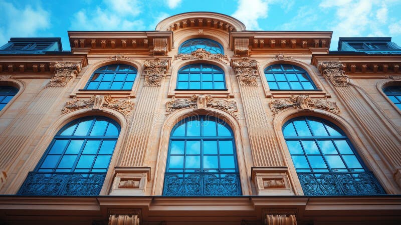 Elegant Classical European Building Facade with Arched Windows ...