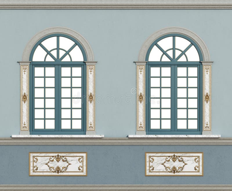 Elegant Classical Facade with Arched Windows on Blue Wall Stock ...