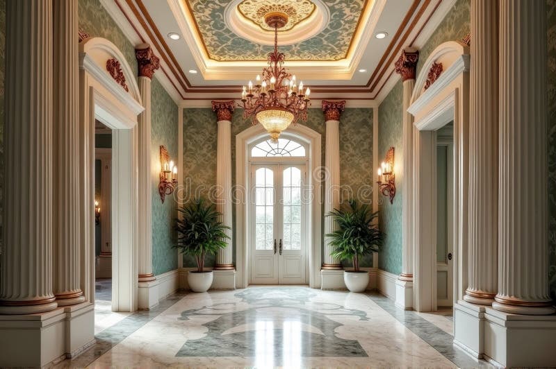 Elegant Classical Foyer with Marble Floors and Chandelier Stock ...