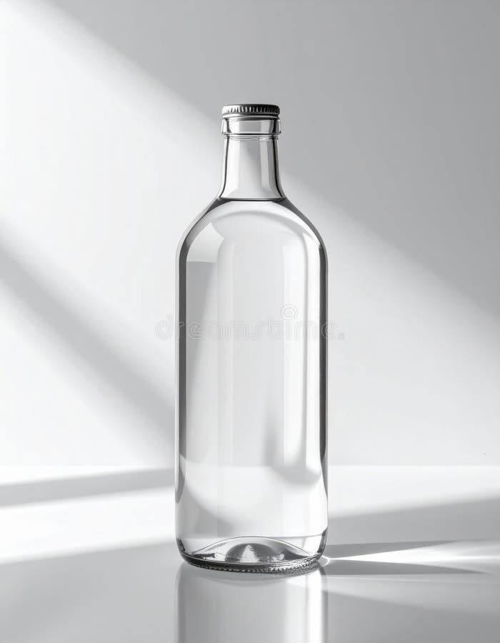 Elegant Clear Glass Bottle with Metallic Cap on a White Surface in Soft ...