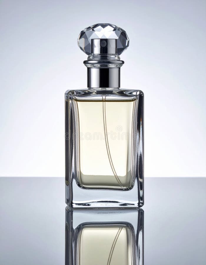 Elegant Clear Glass Perfume Bottle with Crystal Stopper on Reflective ...