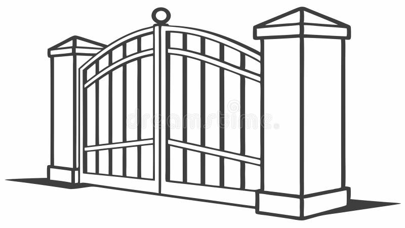 Elegant Closed Iron Gate with Pillars Perspective Vector Illustration ...