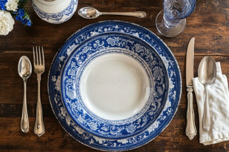 Elegant Cobalt Blue Ceramic Tableware Set on Rustic Wooden Table Stock ...