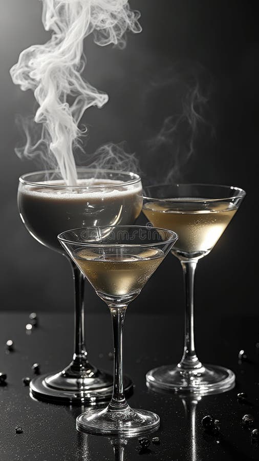 Elegant Cocktail Arrangement with Smoky Effects in Martini Glasses ...