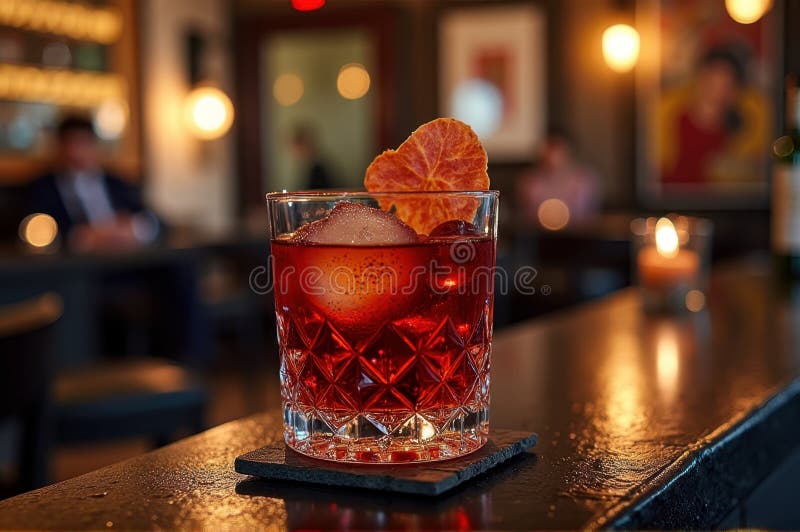 Elegant Cocktail with Citrus Garnish on Bar Counter in Ambient Lounge ...
