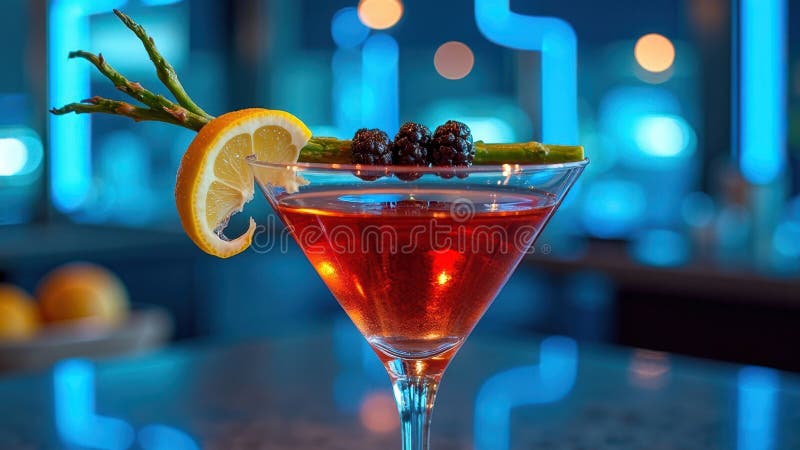 Elegant Cocktail with Lemon and Asparagus Garnish in Stylish Bar ...
