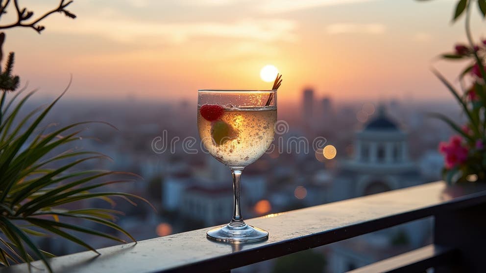 Elegant Cocktail with Sunset View on Urban Balcony Stock Image - Image ...