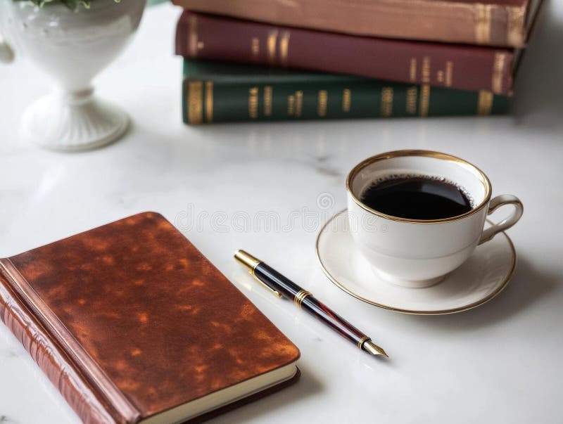 Elegant Black Notebook Fountain Pen Marble Background Stock Photos ...