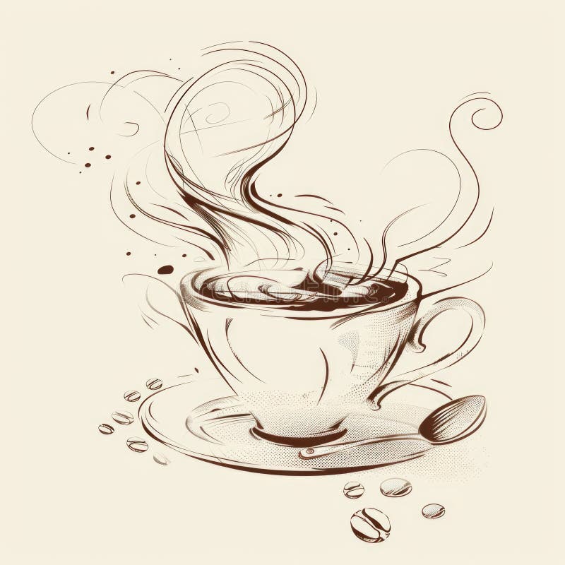 Elegant Coffee Cup with Steaming Hot Brew and Coffee Beans Sketch. AI ...