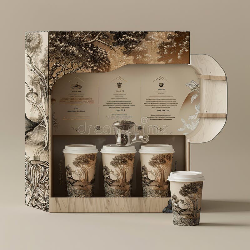 Elegant Coffee Packaging Design with Three Cups and a Dispenser Stock ...