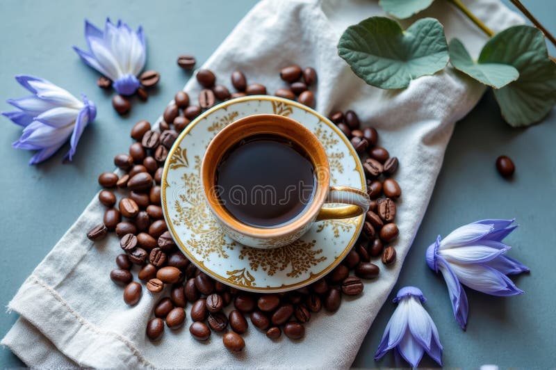 Elegant Coffee Setup with Floral Accents and Coffee Beans on Linen ...