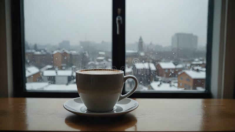 Elegant Coffee Setup in a Snowy Urban Scene Stock Photo - Image of ...