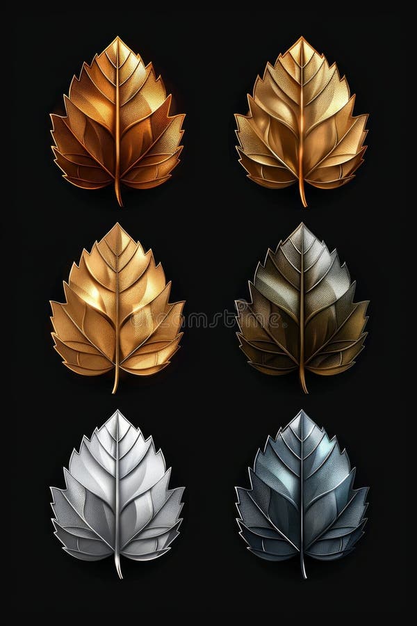 Elegant Collection of Metallic Colored Leaves on Dark Background Stock ...