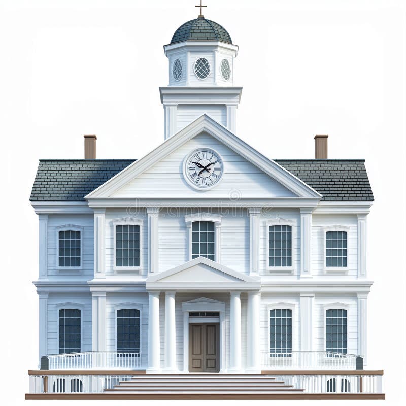 Elegant Colonial Style Building with Clock Tower Front Steps and White ...