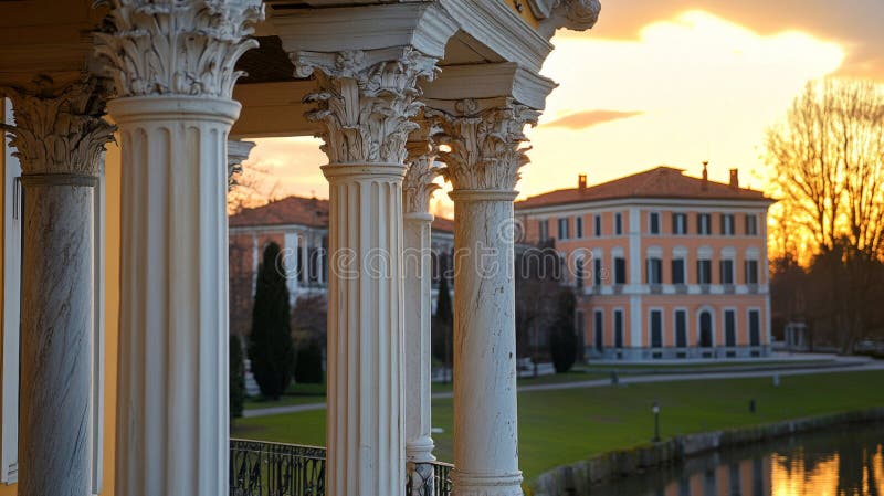 Elegant Columns Frame Sunset View of Italian Villa Stock Illustration ...