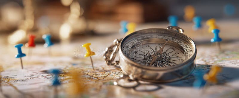 The Elegant Compass Resting on a Detailed Map with Colorful Pins..AI ...