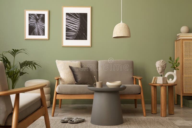 Elegant Composition of Living Room Interior. Modern Scandi Sofa, Side ...