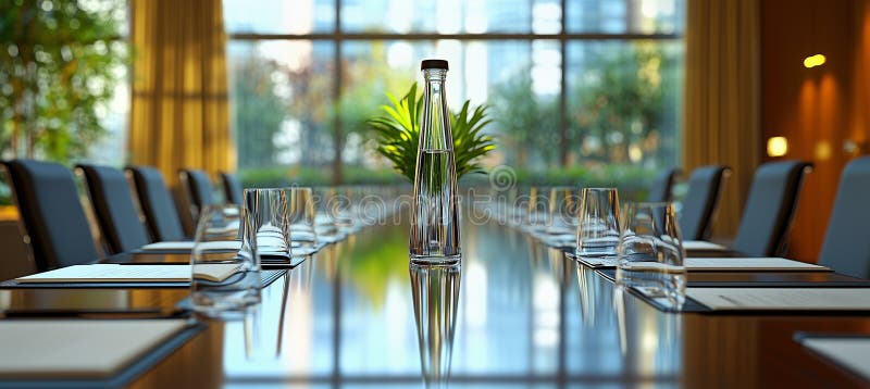 Elegant Conference Room Setup with Water Bottles and Glasses Stock ...
