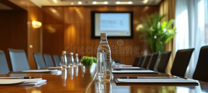 Elegant Conference Room Setup with Water Bottles and Glasses, AI Gen ...