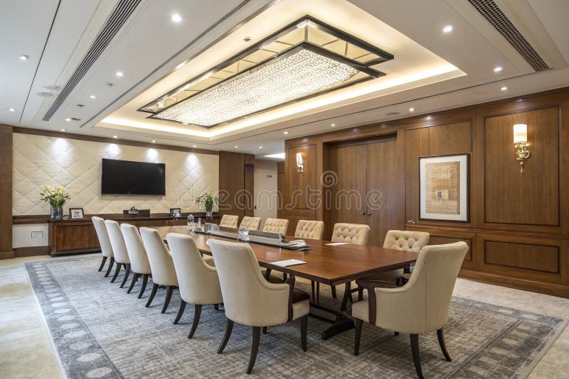 Elegant Conference Room with Wooden Design, Conference Table, and Lighting Stock Illustration ...