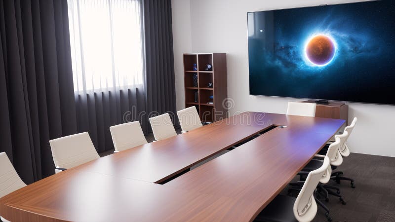 An Elegant Conference Table with Chairs and a Large Screen Mounted on ...