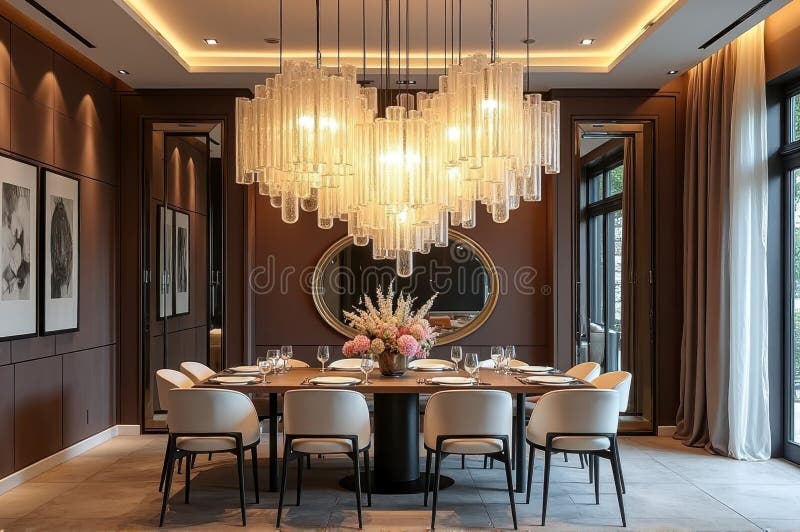 Elegant Contemporary Dining Room with Statement Chandelier and Stylish ...