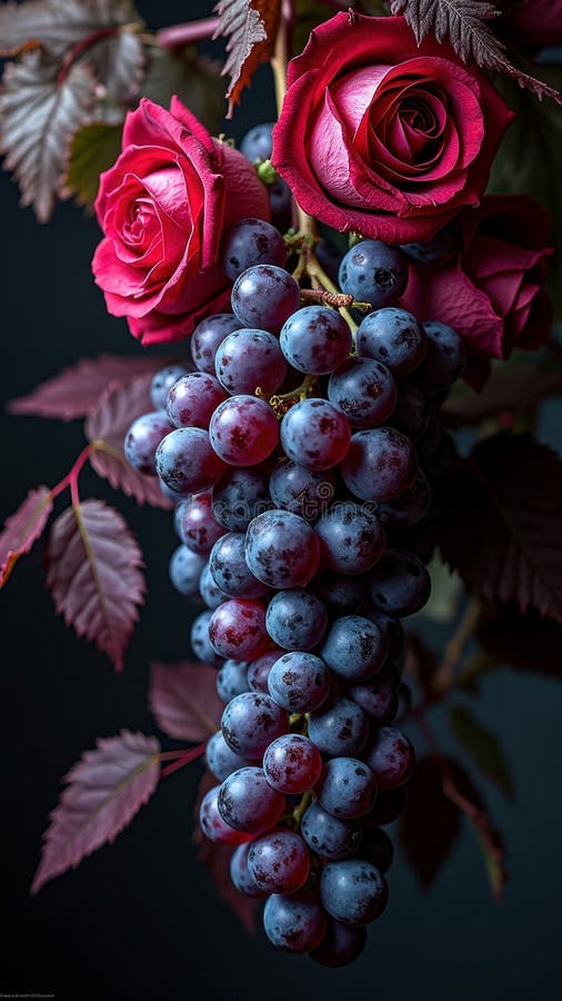 Elegant Contrast of Deep Purple Grapes and Vibrant Red Roses Stock ...