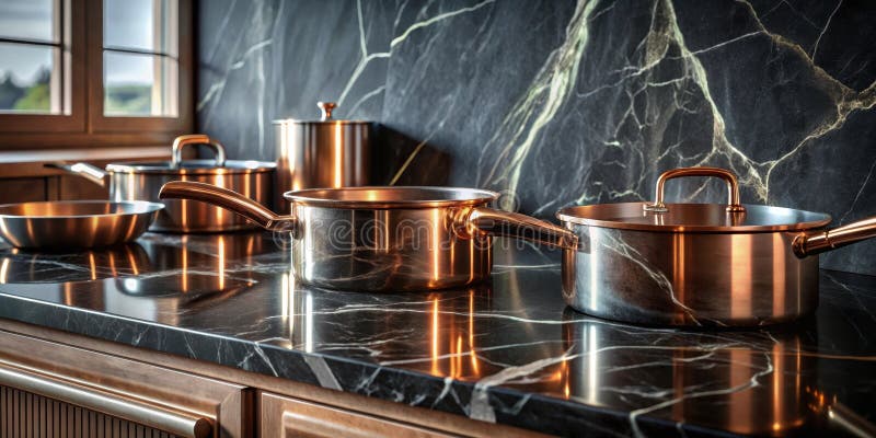 Elegant Copper Cookware on a Dark Marble Kitchen Countertop. Generative ...