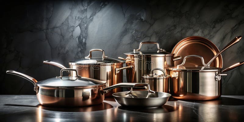 Elegant Copper and Stainless Steel Cookware Set on Dark Countertop ...