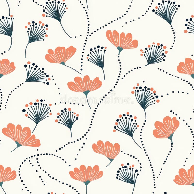 Elegant Coral Floral Pattern with Black Accent Dots Stock Photo - Image ...