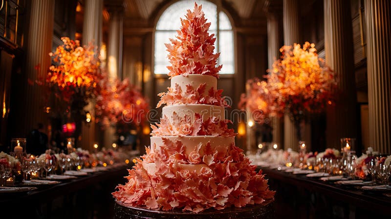 Elegant Coral Wedding Cake, Grand Hall, Candlelit Reception Stock Photo ...