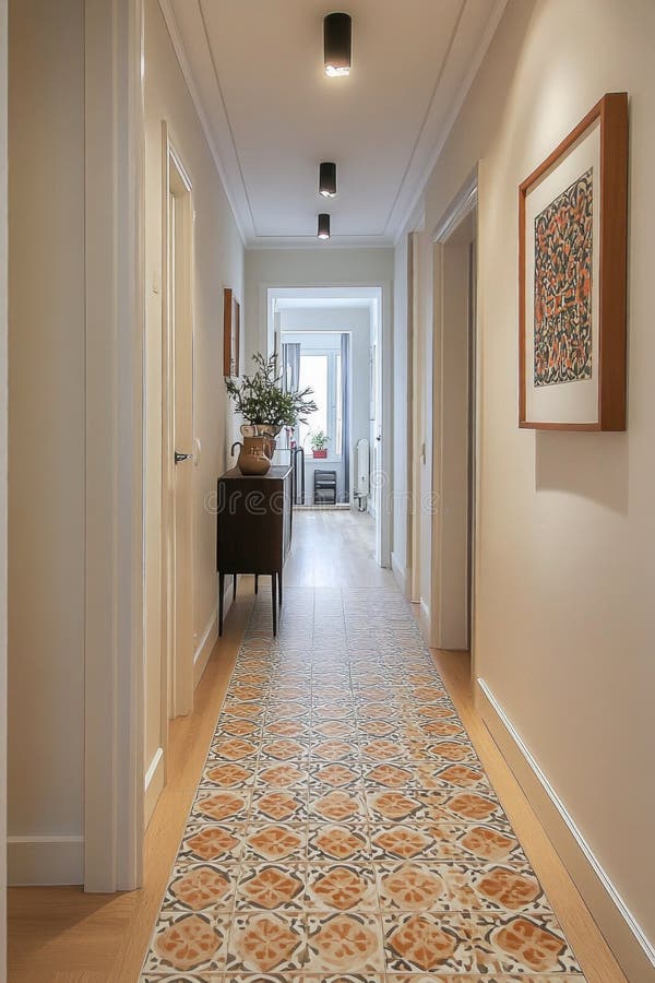 Elegant Corridor with Decorative Floor Tiles Leading To Bright Room ...