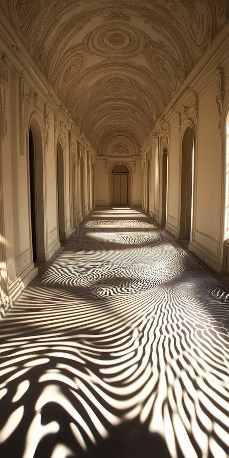 Elegant Corridor with Intricate Ceiling and Shadow Patterns on Floor ...