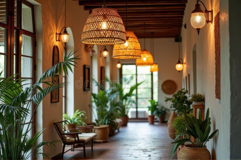 Elegant Corridor with Woven Lamps and Lush Greenery Creating a Serene ...