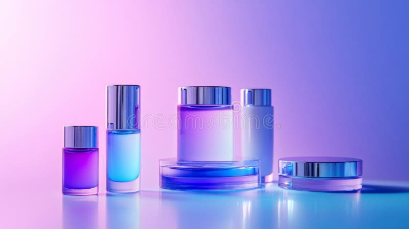 Elegant Cosmetic Product Lineup with Purple and Blue Gradient Lighting ...