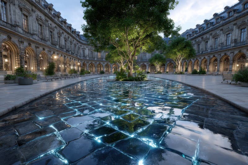 Elegant Courtyard with Shimmering Water Feature in an Architectural ...