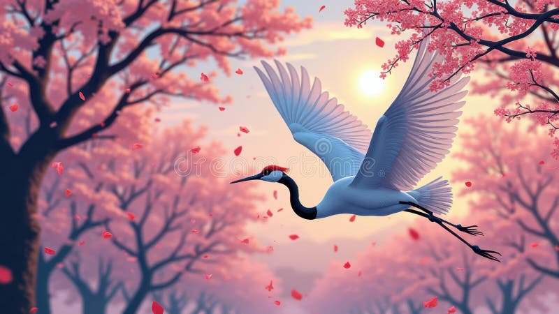 Elegant Crane Flying through Cherry Blossom Forest at Sunset Stock ...