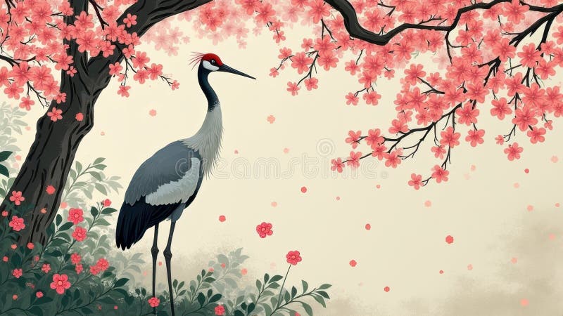 Elegant Crane Under Cherry Blossom Tree in Tranquil Spring Setting ...
