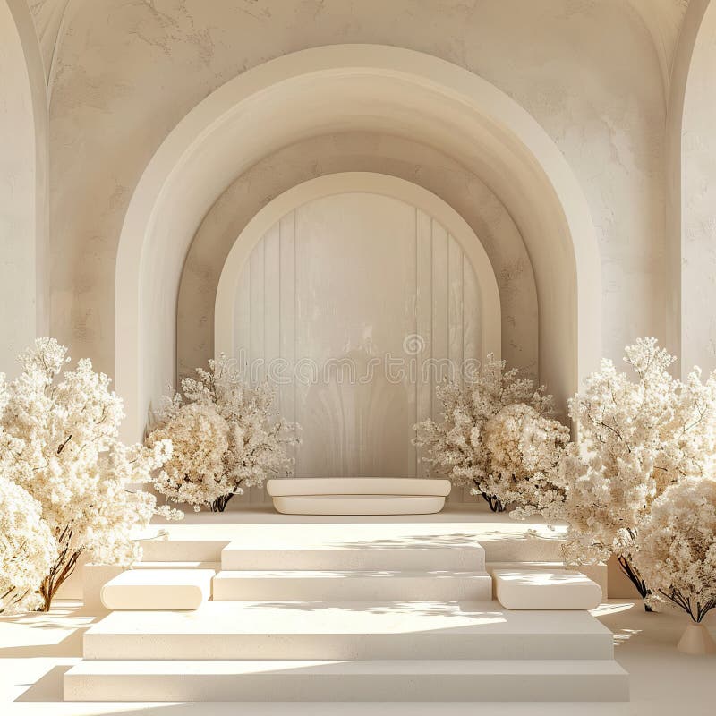 Elegant Cream Archway Backdrop with Steps and Flowers Stock ...