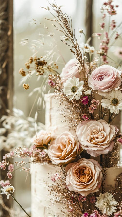 Elegant Cream Colored Cake with Floral Decorations for Weddings and ...