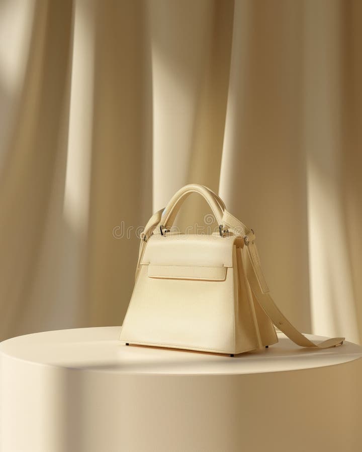 Elegant Cream-colored Handbag Displayed on a Round Pedestal with a Soft ...