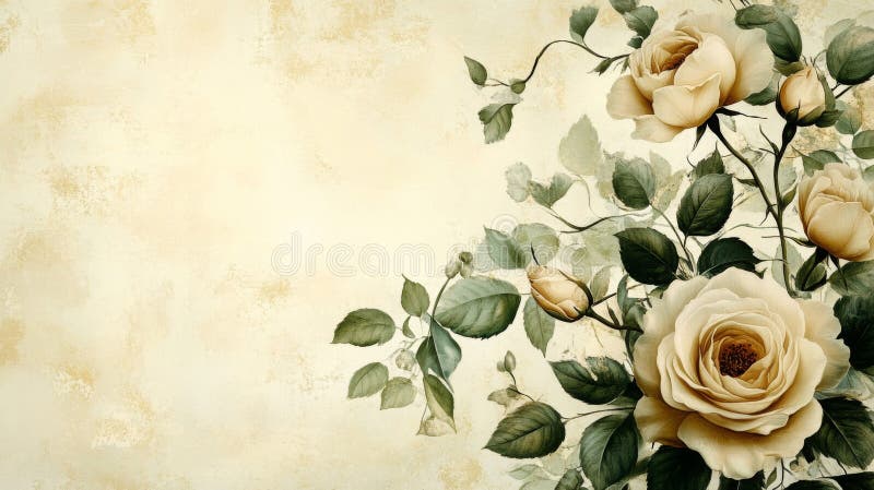 Elegant Cream Roses and Greenery on Antique Background Stock ...