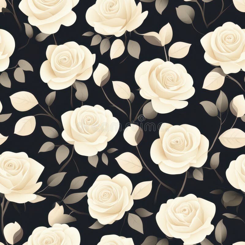 Elegant Cream Roses Pattern on Black Background for Modern Decor. Stock ...