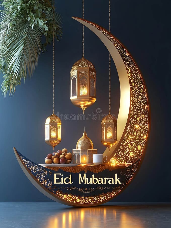 Elegant Crescent Moon Display with Lanterns Decorations for Eid ...